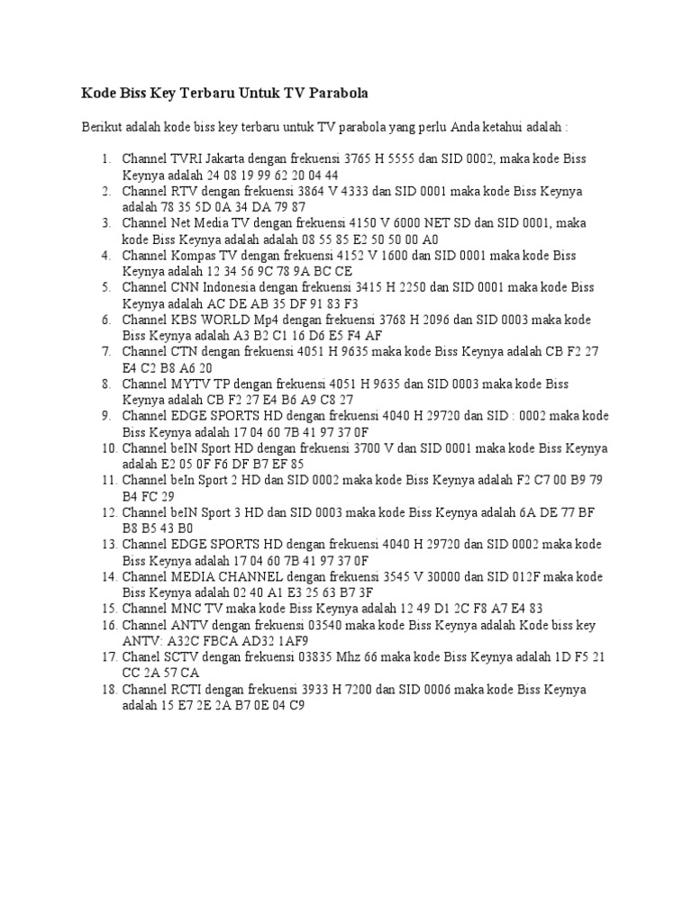 Kode Biss Key Terbaru Untuk TV Parabola | PDF