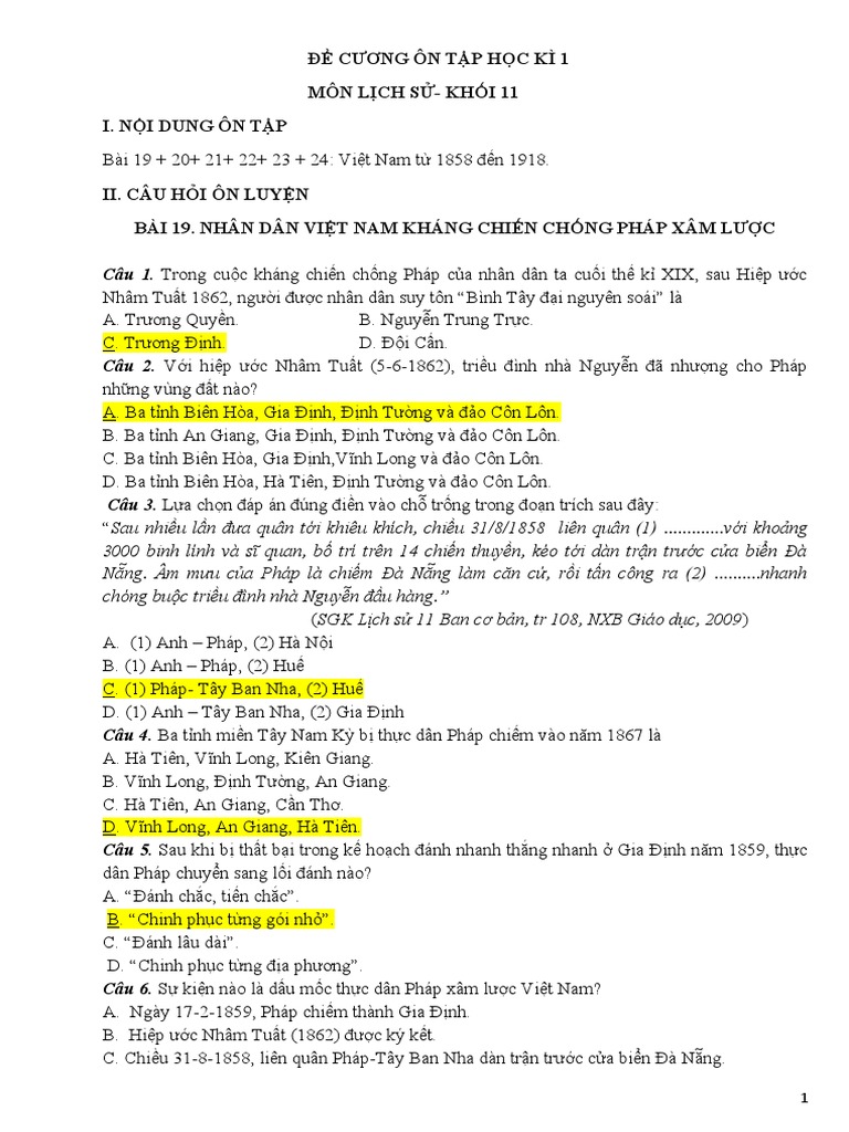 SU11 - ĐÁP ÁN ĐỀ CƯƠNG THI HKI 1 | PDF