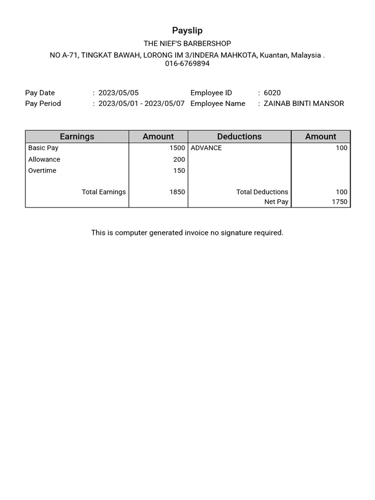 Nief's Barbershop Payslip for Zainab Mansor | PDF