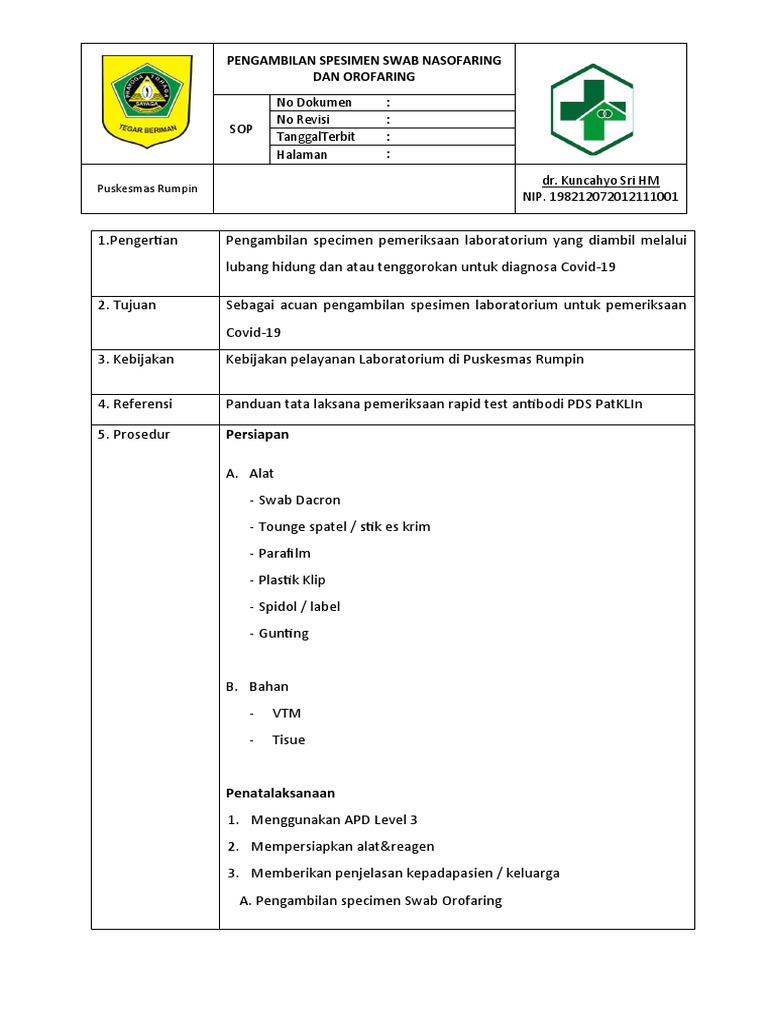 Prosedur Swab Nasofaring dan Orofaring | PDF