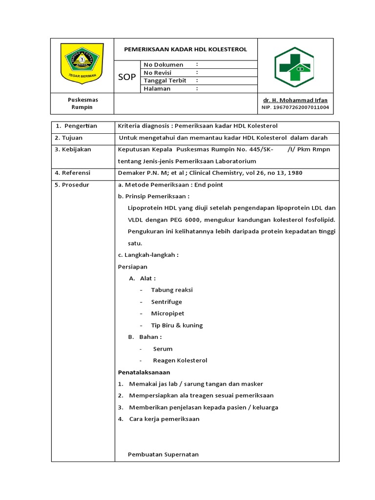 Prosedur Pemeriksaan Kadar HDL Kolesterol | PDF | Sains & Matematika