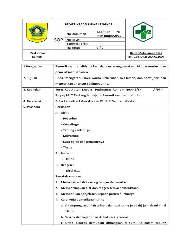 Sop Pemeriksaan Urin Lengkap | PDF