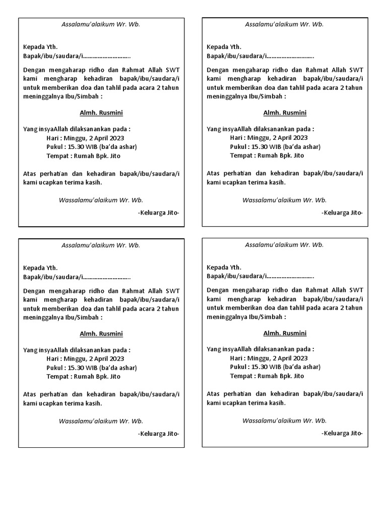 Undangan Tahlil 2 Tahun Almh. Rusmini | PDF | Memasak, Makanan ...