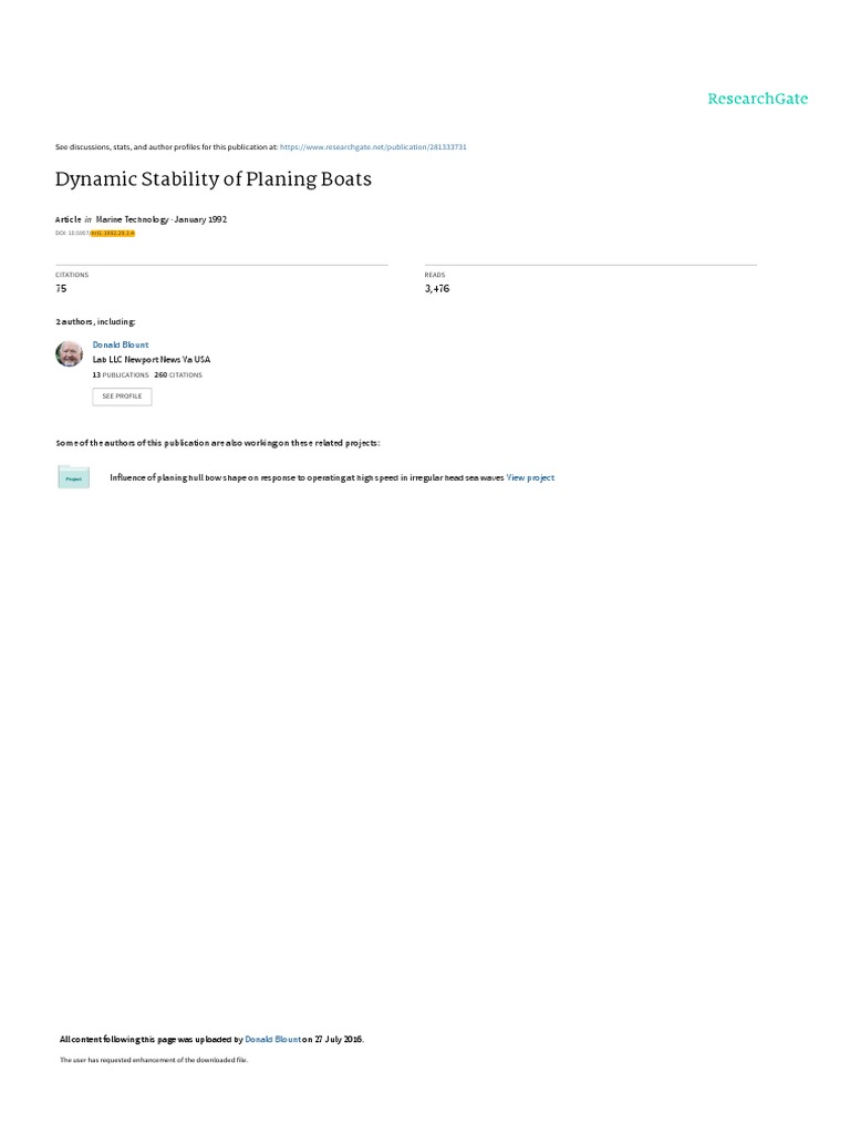 Dynamic Stability of Planing Boats Blount and Codega | PDF