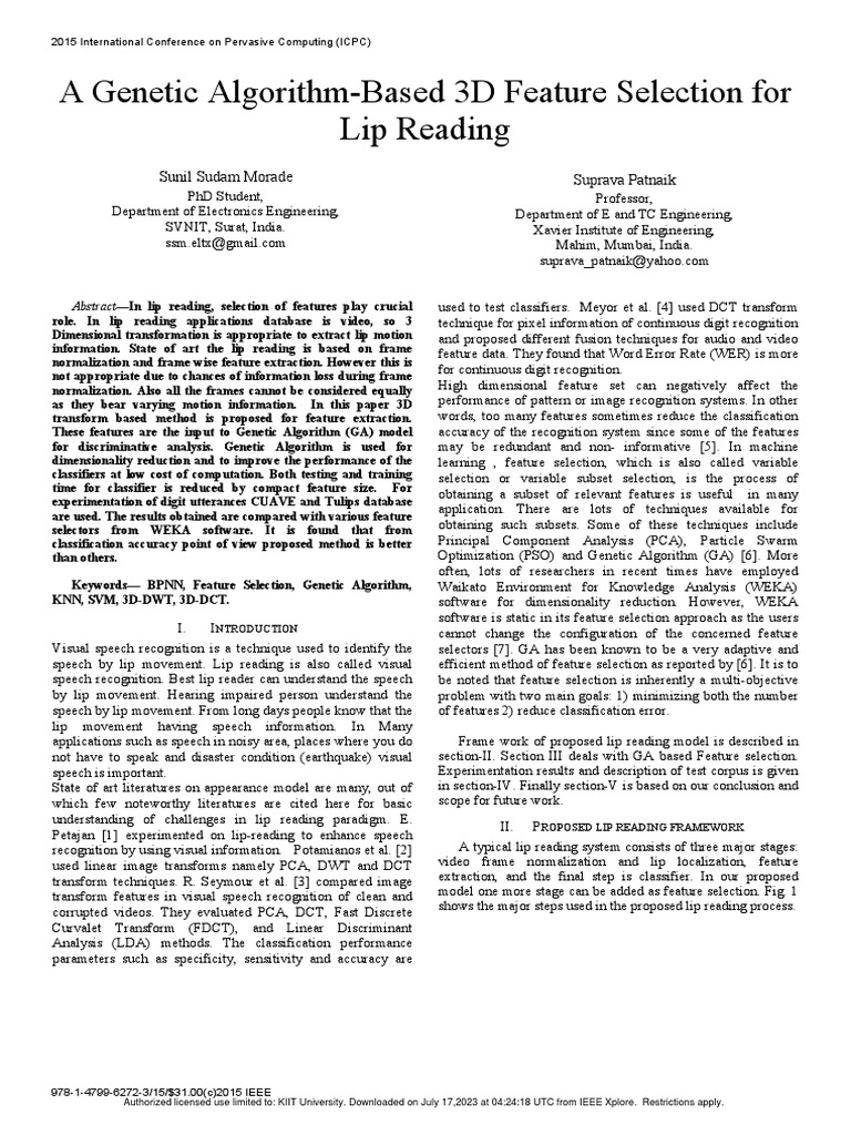 A Genetic Algorithm-Based 3D Feature Selection For Lip Reading | PDF | Statistical ...
