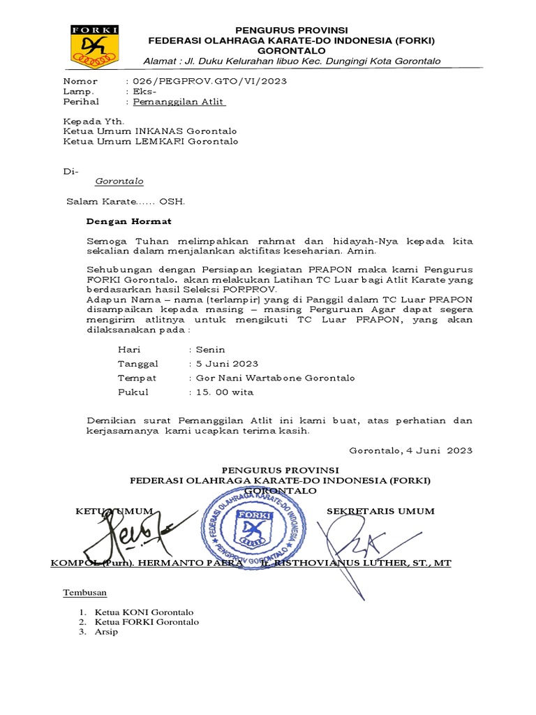 Surat Pemanggilan Atlit TC Luar Prapon | PDF