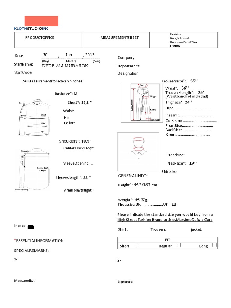Uniform Measurement Sheet - 2023 | PDF | Consumer Goods | Cultural Trends