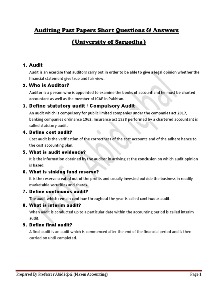 Auditing Past Papers Short Question and Answers | PDF | Audit | Accounting