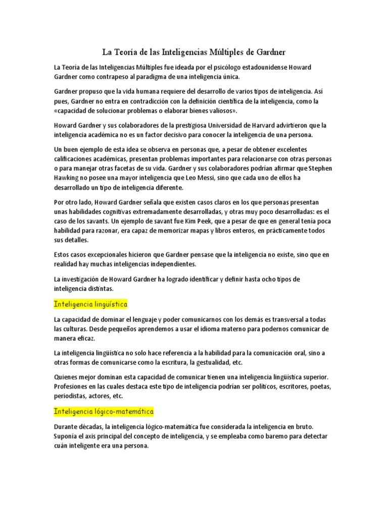 La Teoría de Las Inteligencias Múltiples de Gardner | PDF ...