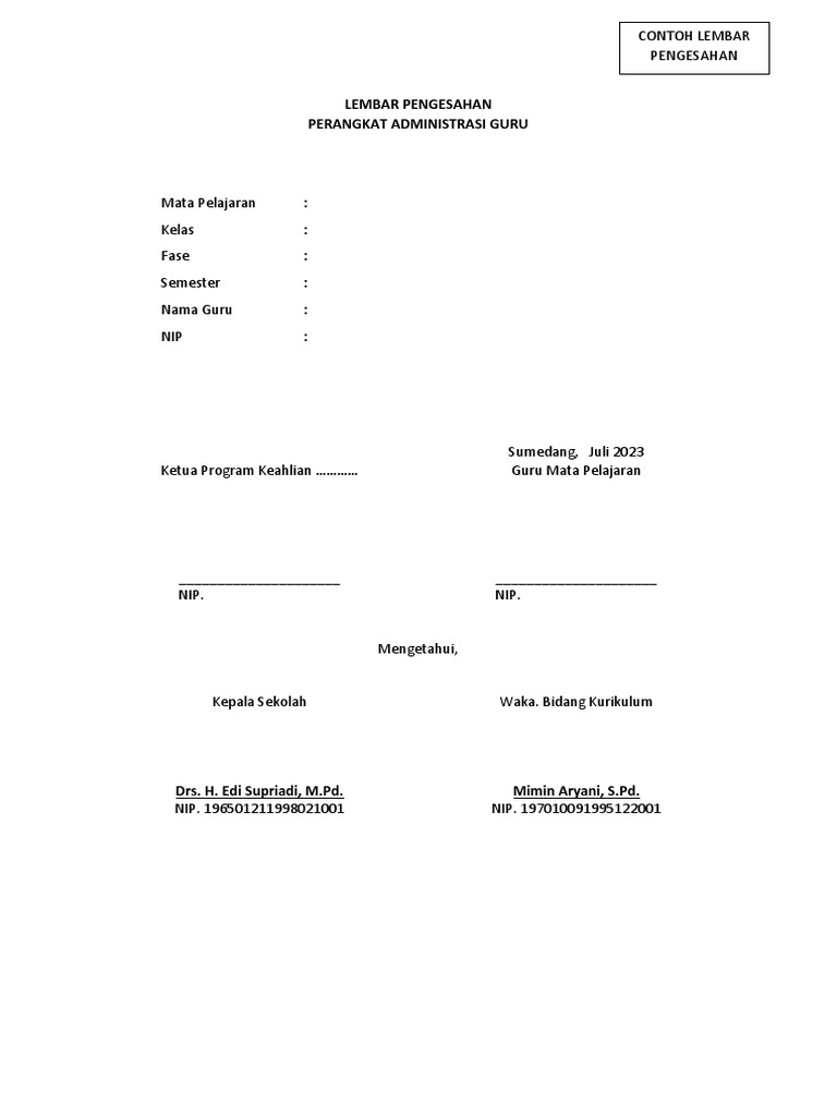 Contoh Lembar Pengesahan Adm. Guru 2023 | PDF