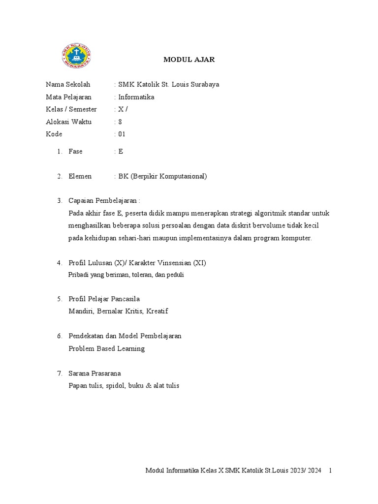 Modul - Informatika - 01 Kelas X - SMK ST - Louis | PDF