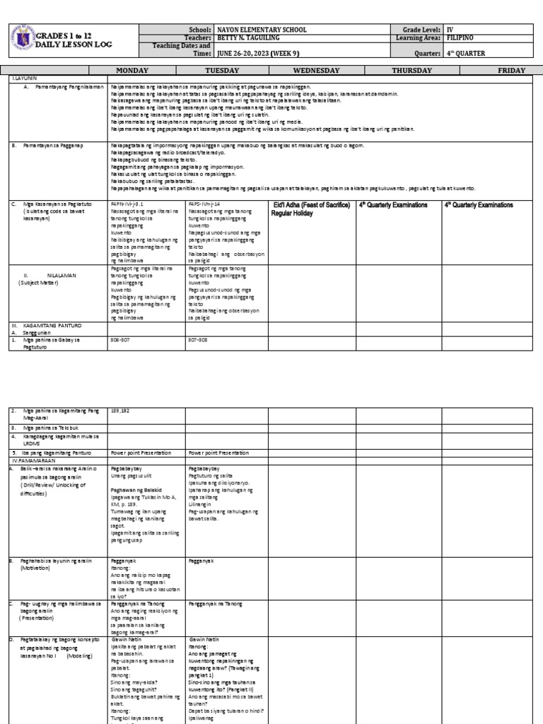 DLL - Filipino 4 - Q4 - W9 | PDF