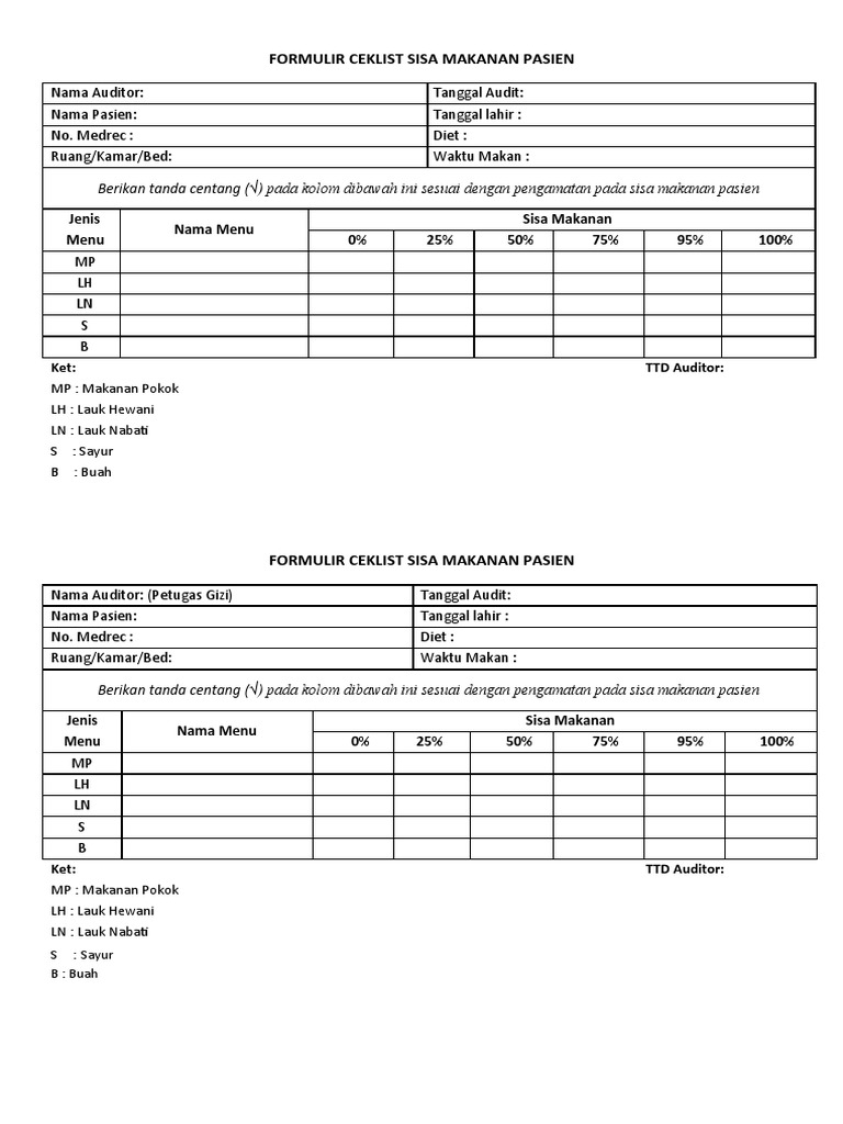 Form Cek List Sisa Makanan | PDF