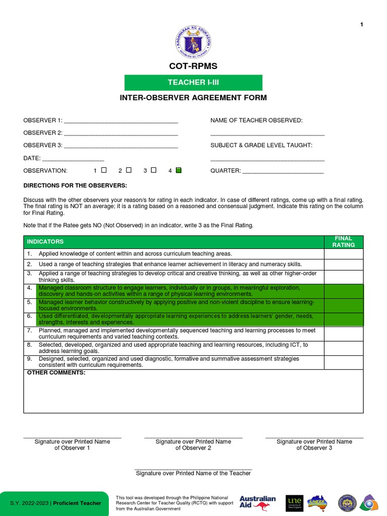 COT 4 RPMS Inter Observer Agreement Form For T I III For SY 2022 2023 ...
