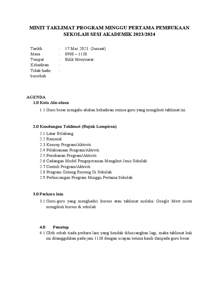 Minit Taklimat Program Minggu Pertama Pembukaan Sekolah Sesi Akademik ...