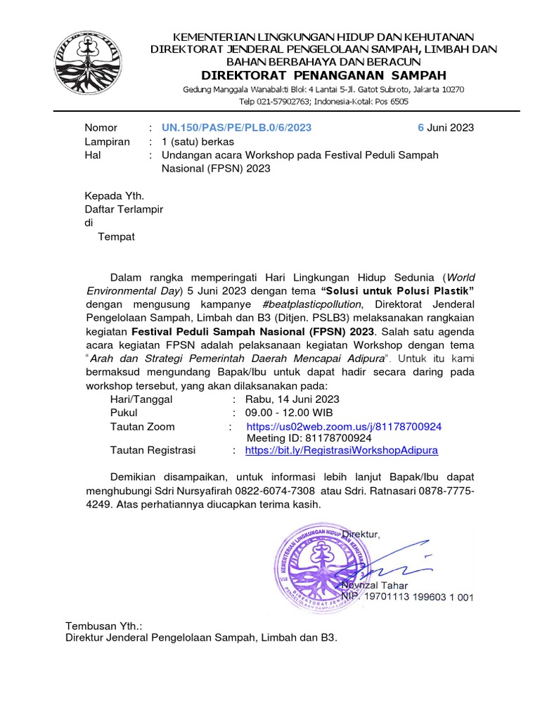 Surat Undangan Workshop ADIPURA_14Juni2023_Daring | PDF