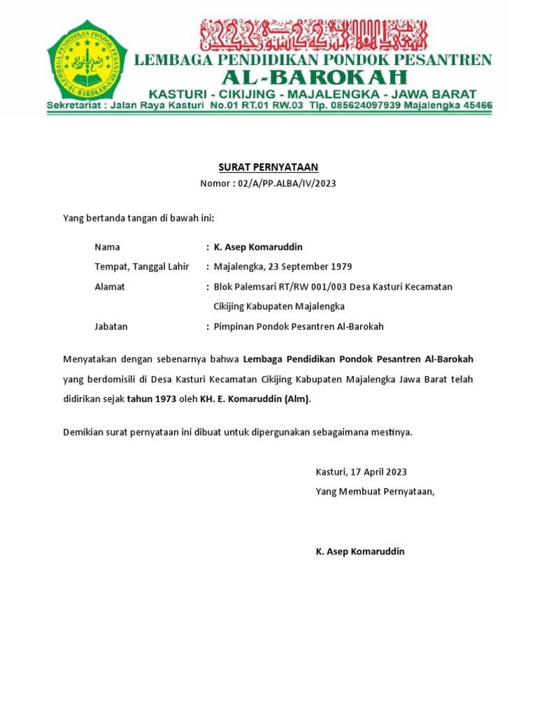 SURAT PERNYATAAN Tahun Berdiri Pesantren | PDF
