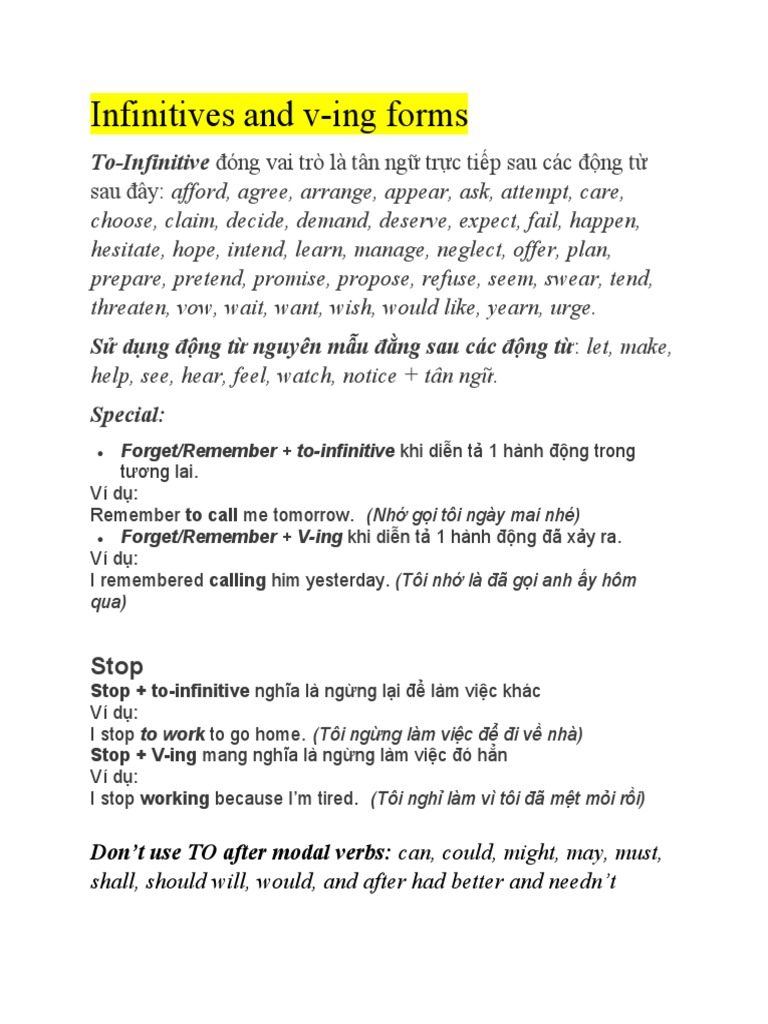 Infinitives and v-ing forms: To-Infinitive đóng vai trò là tân ngữ trực tiếp sau các động từ | PDF
