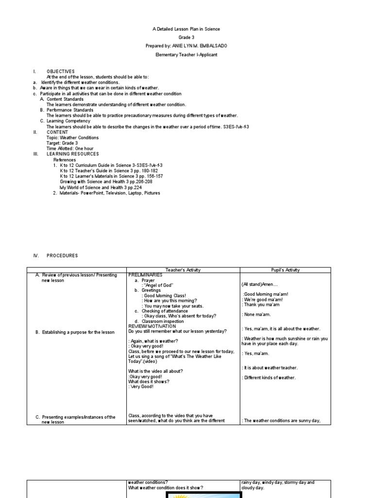 A Detailed Lesson Plan in Science III Weather Conditions | PDF