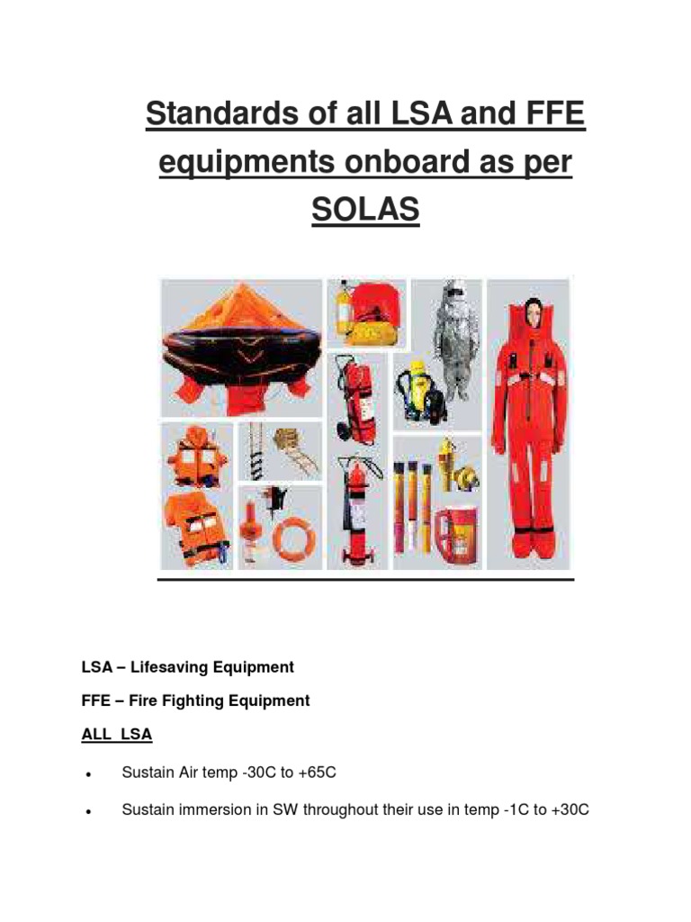 LSA and FFE Onboard As Per SOLAS | PDF | Equipment | Manufactured Goods