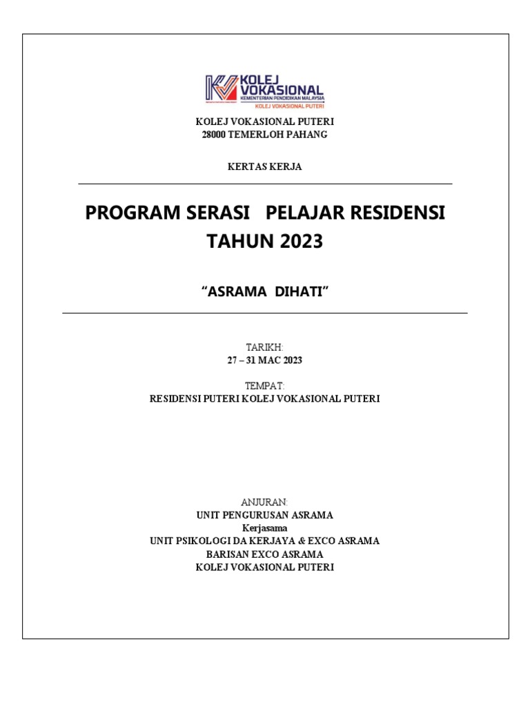 Kertas Kerja Orientasi Asrama 2023 | PDF