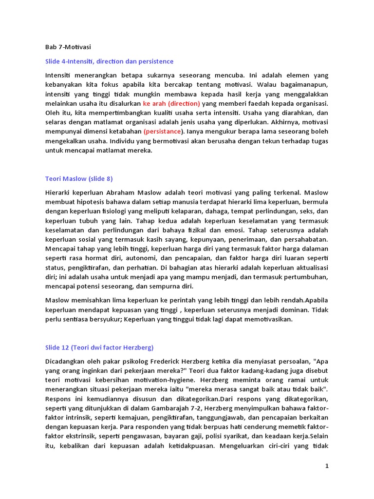 Nota Slide Bab 7-Motivasi | PDF