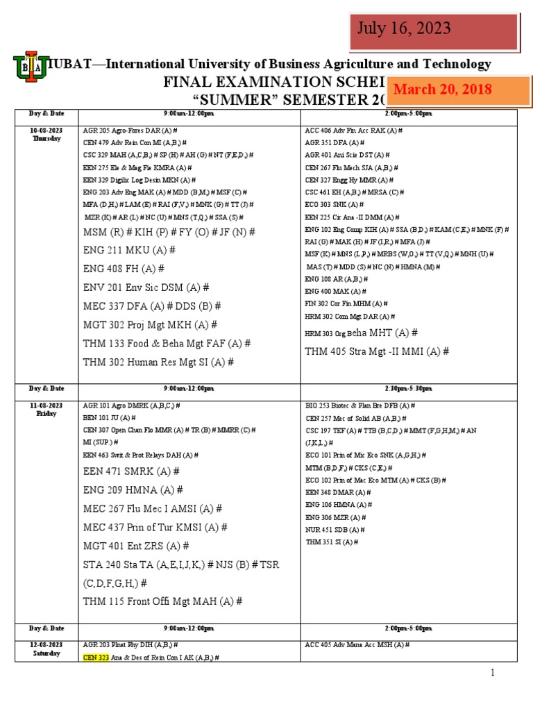 Summer 2023 Final Examination Schedule | PDF