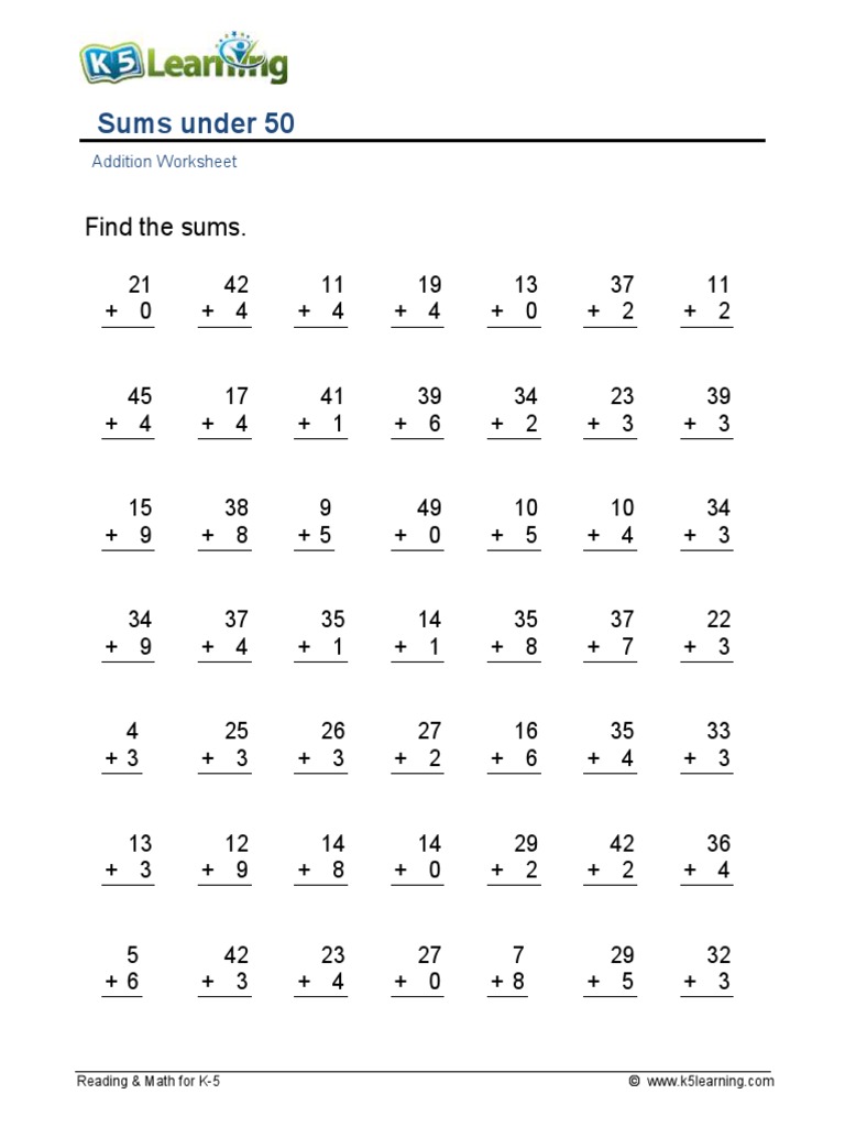 Addition Vertical 2x1digit Sums Under 50 e | PDF