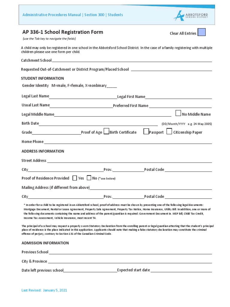 AP 336-1 Student Registration Form-Fillable Version - 8 - 0 | PDF ...