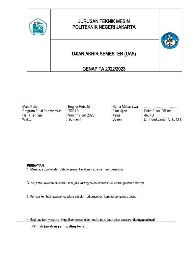 Soal UAS Engine Rebuild | PDF | Teknologi & Rekayasa