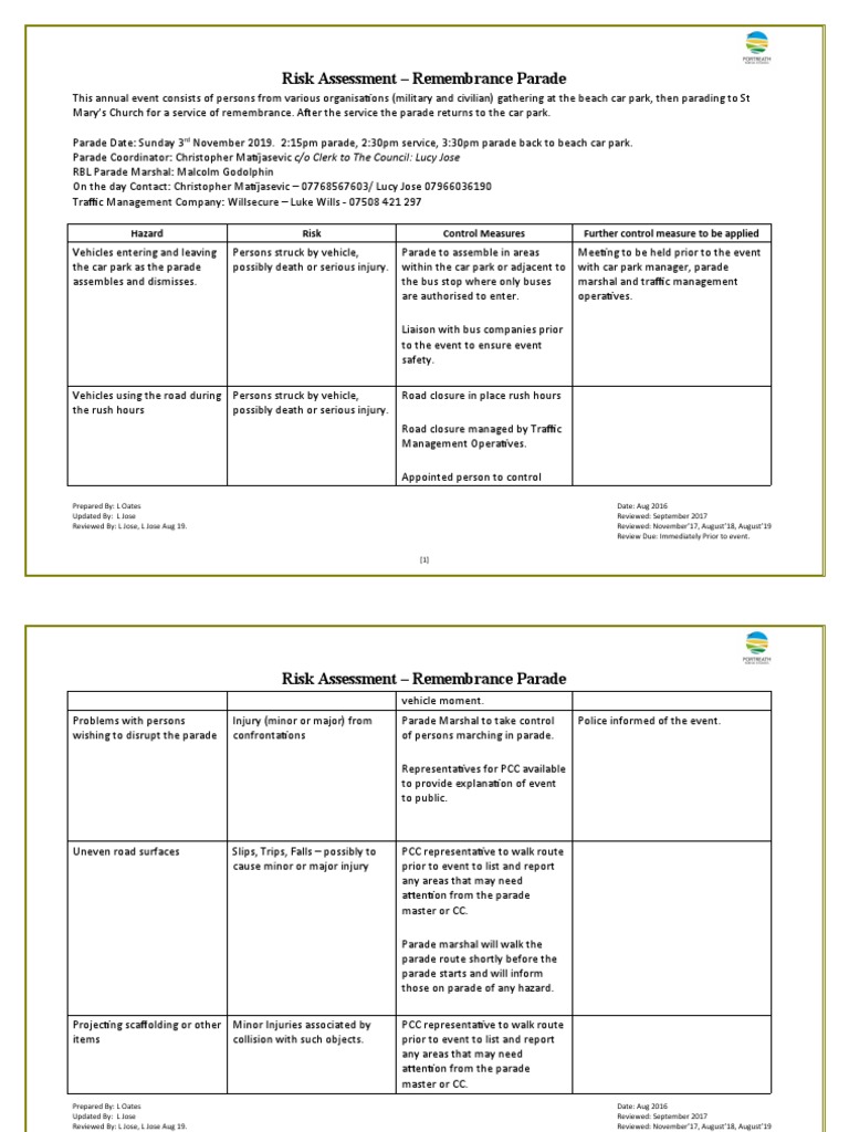 Remembrance Parade Risk Assessment | PDF | First Aid | Emergency
