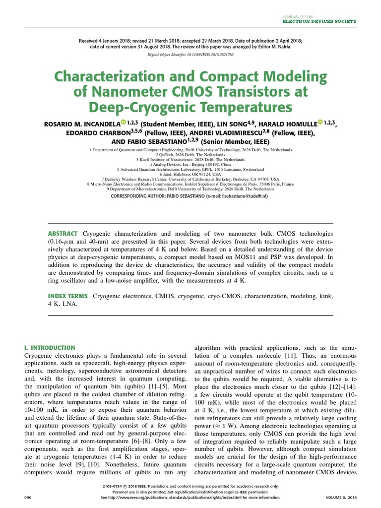 Characterization and Compact Modeling of Nanometer CMOS Transistors at Deep-Cryogenic ...