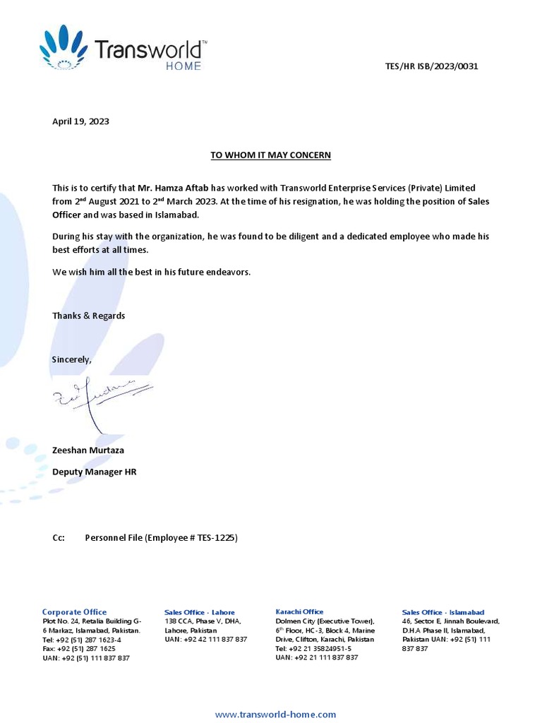 Experience Letter-Hamza Aftab | PDF