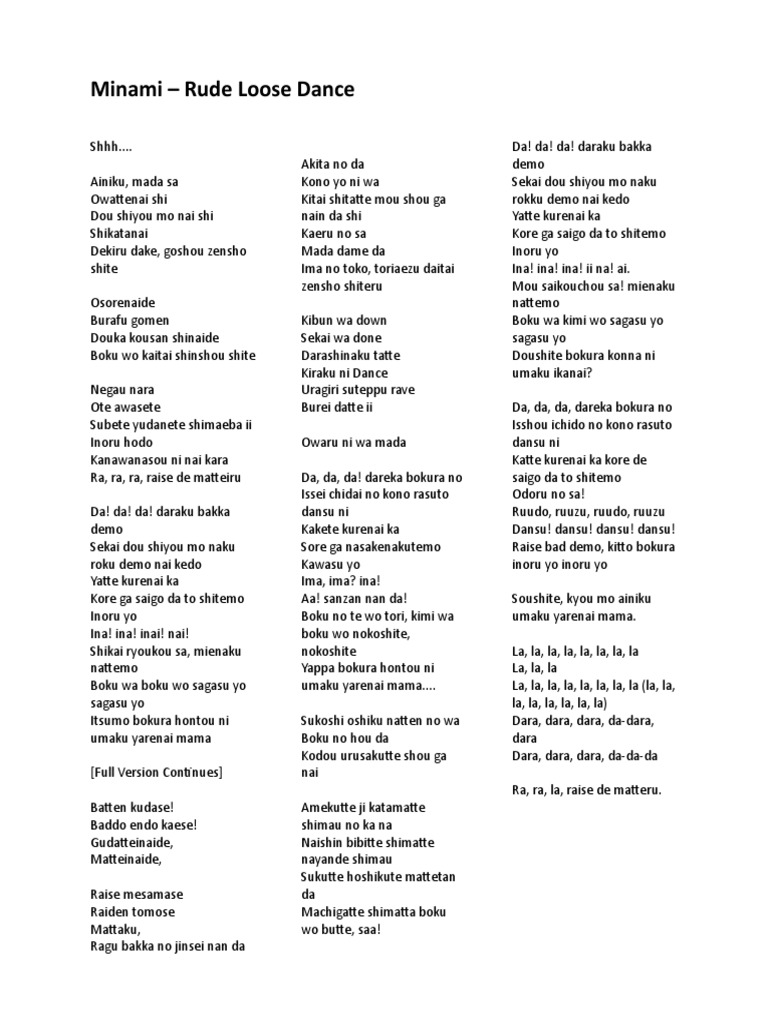 Minami - Rude Loose Dance Romaji Lyrics | PDF