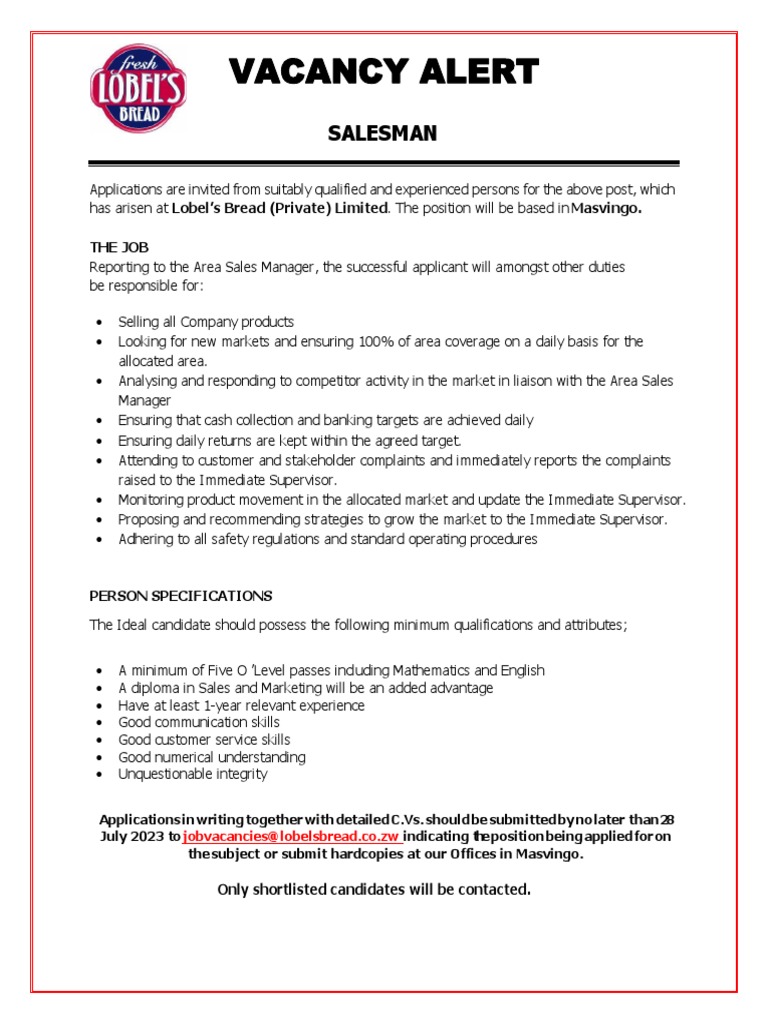 Lobel's Bread Salesman Vacancy in Masvingo | PDF