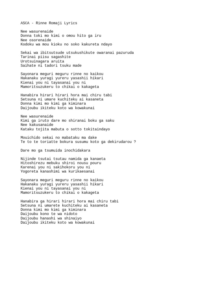ASCA Rinne Lyrics (Romaji) | PDF