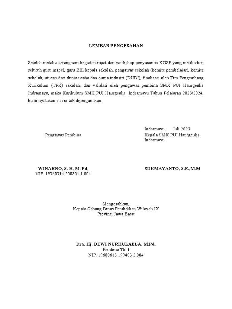 Lembar Pengesahan KOSP 2023 | PDF