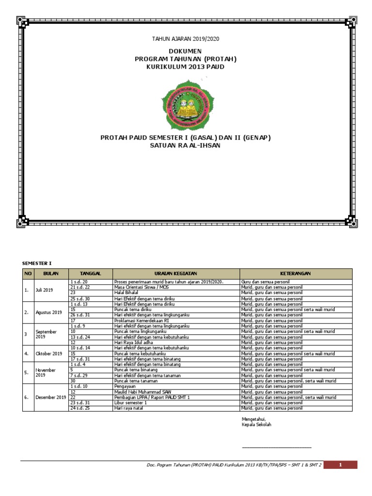 Prota PAUD 2019/2020 Kurikulum 2013 | PDF | Kesehatan Holistik