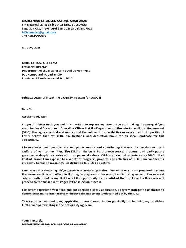 Letter of Intent - Pre Qualifying Exam Dilg | PDF