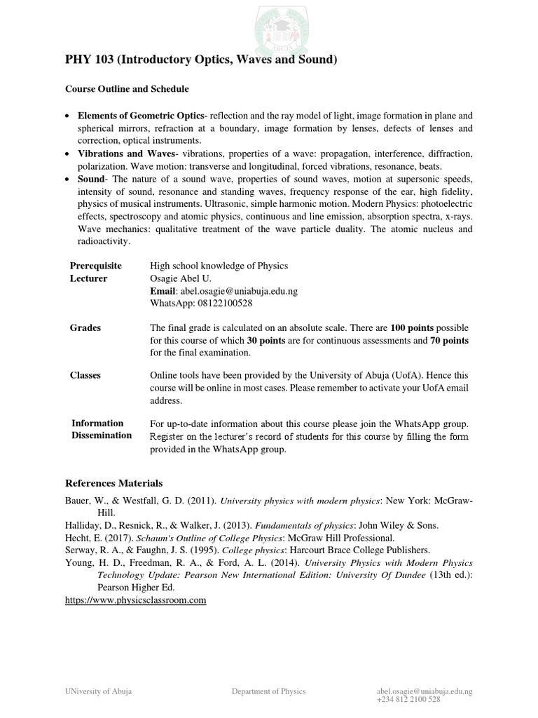 PHY103 Course Outline and Schedule | PDF | Waves | Optics