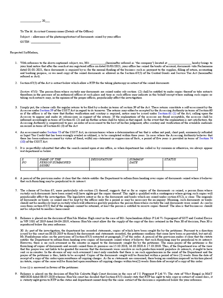 S. No. 13 Reqeust Letter For The Taking Copy of The Seized Documents by ...