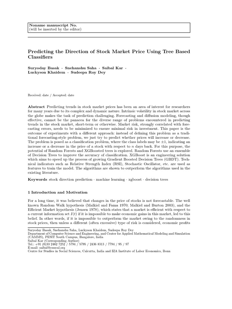 Predicting The Direction of Stock Market Prices Using Tree Based | PDF ...