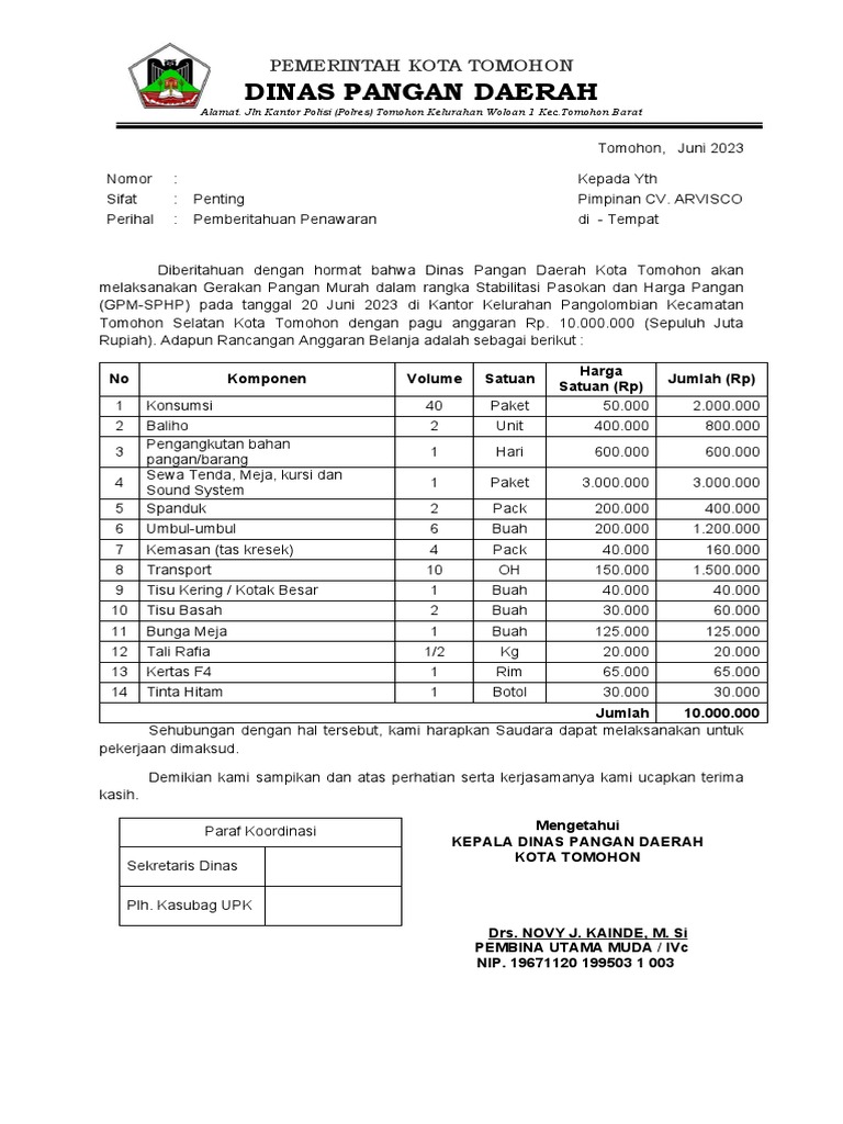 Surat Penawaran GPM Pangolombian 2023 | PDF