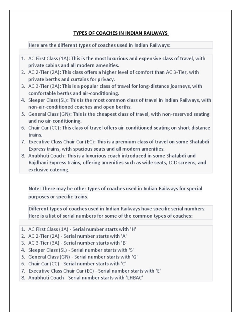 Types of Coaches in Indian Railways | PDF