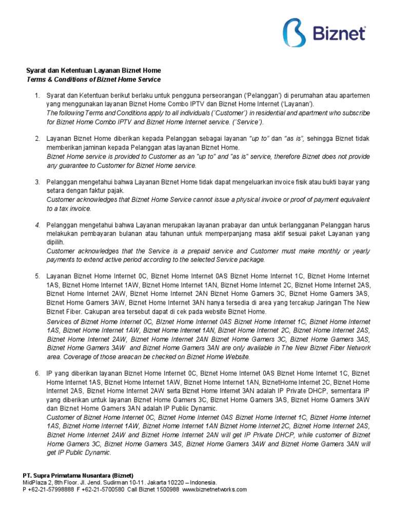 Syarat dan Ketentuan Biznet Home | PDF | Pengelolaan Keuangan & Uang