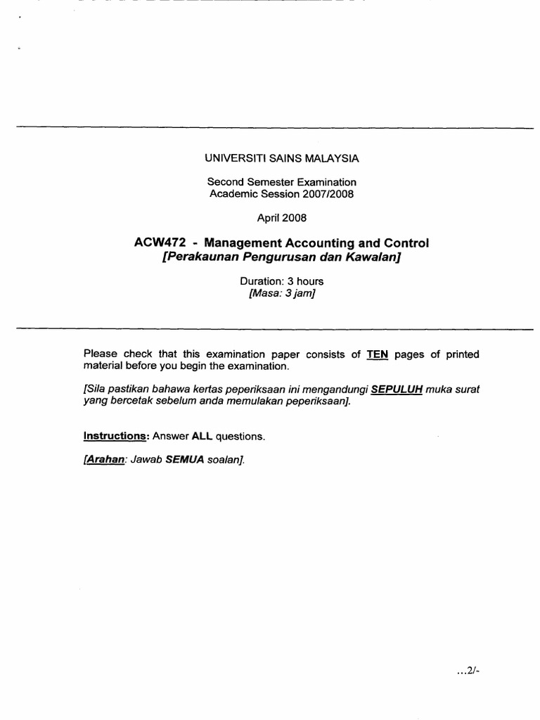 Management Accounting Exam Paper 2008 | PDF | Production And ...