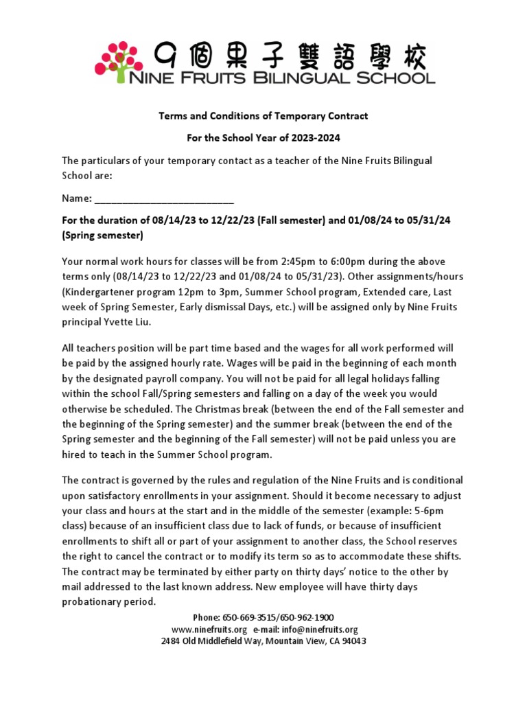 Nine Fruits School Teacher Contract | PDF | Academic Term | Government