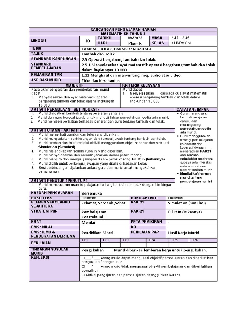 Contoh RPH Matematik | PDF