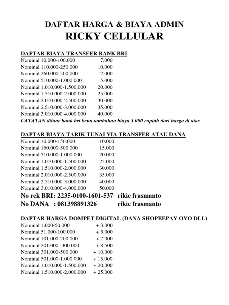 Daftar Harga & Biaya Admin Ricky Cell | PDF