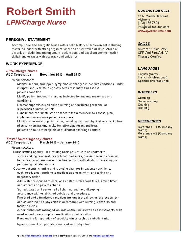 LPN Charge Nurse Resume | PDF | Nursing | Patient